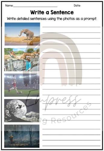 Photo Prompts - Write a Sentence Worksheets by Empress Teaching Resources