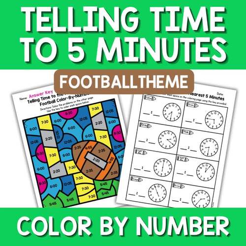 Football Time to 5 Minutes Color by Number Code Fun Center Analog Clock ...