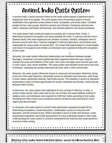 Ancient India Caste System Reading Passage Comprehension and Essay Question
