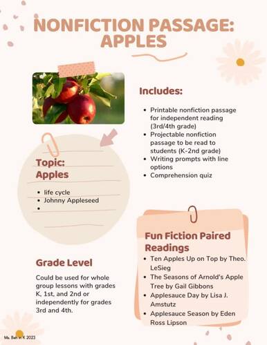 Apples (Nonfiction Passage, Writing Prompts, & Comprehension Check)