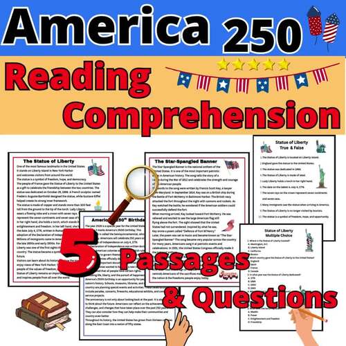 America 250 Reading Passages Comprehension & Questions USA 4th of July