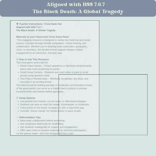 HSS 7.6.7 The Spread and Impact of the Bubonic Plague Trivia Game