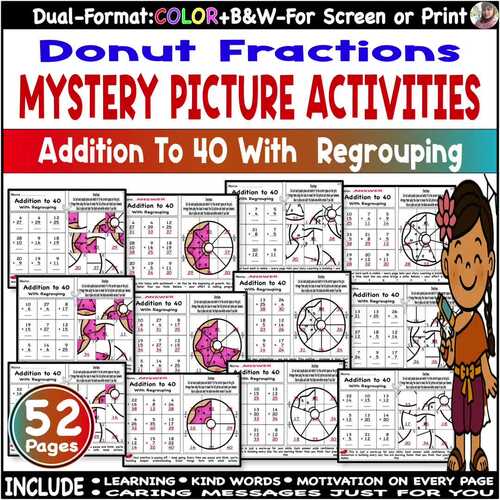 Addition within 40 with Regrouping | Donut Fraction Mystery Picture ...