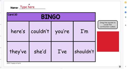 DIGITAL Contraction Bingo Game - Google Slides by Engage and Ignite