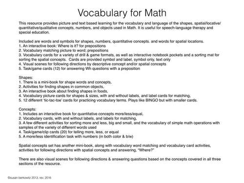 Concepts of Size Shape Quantity and Location for Speech by Susan Berkowitz