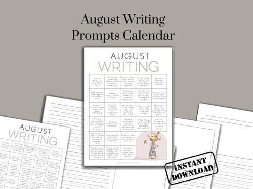 August Writing Prompts Calendar, Fun Summer Writing Practice, 2nd, 3rd ...