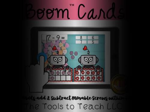 Boom™ Cards Valentine's Day Robot Add and Subtract Screws Grades 2nd-3rd