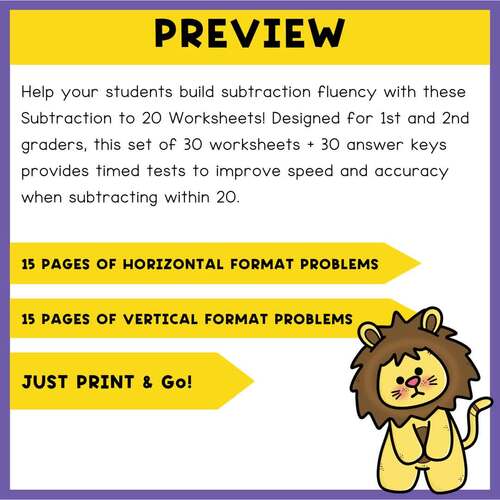 Subtraction to 20 Worksheets | Math Facts Fluency Timed Tests | TPT