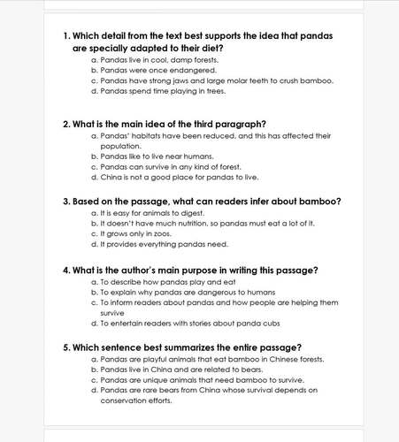 Panda Informational Text Reading Comprehension 4-5th Grade | Differentiated