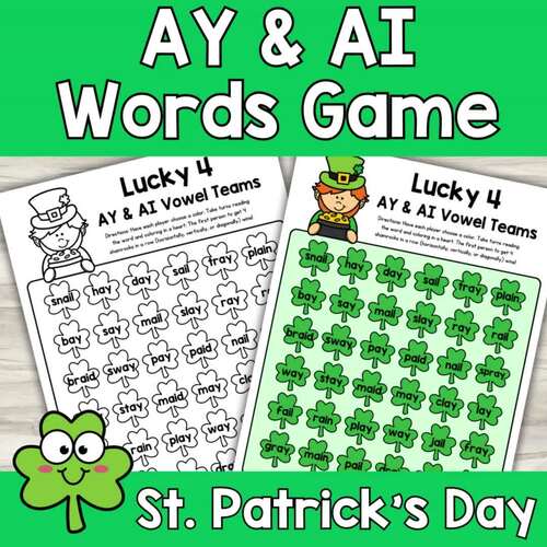 St. Patrick's Day AI AY Words Reading Game | Vowel Teams Center Station ...