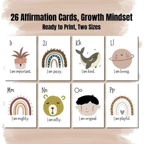 Alphabet Flash Cards, Positive Affirmations, Growth Mindset, Boho ...