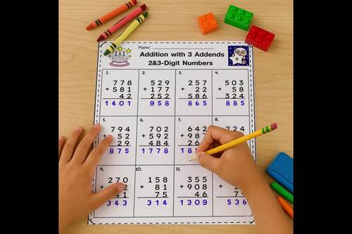 Adding 3 Addends Worksheets – 2 & 3-Digit Numbers with Regrouping (60 ...