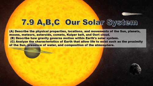 TEKS 7.9 A,B,C Our Solar System PowerPoint, Student Notes, Quiz