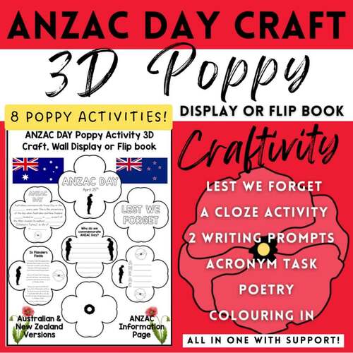 ANZAC Day Poppy | 3D Mobile Craft | Flip Book | Wall Display | English ...