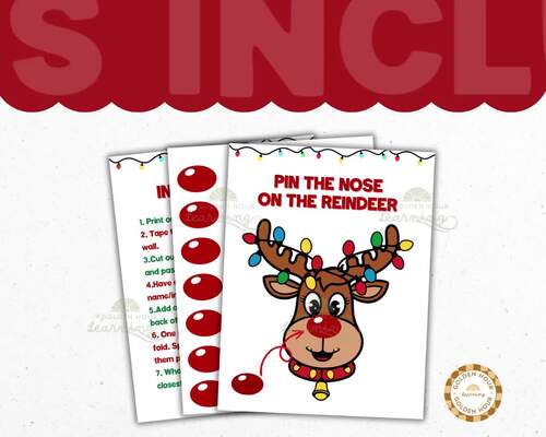 Pin the Nose on the Reindeer | Christmas Classroom Party Game Printable