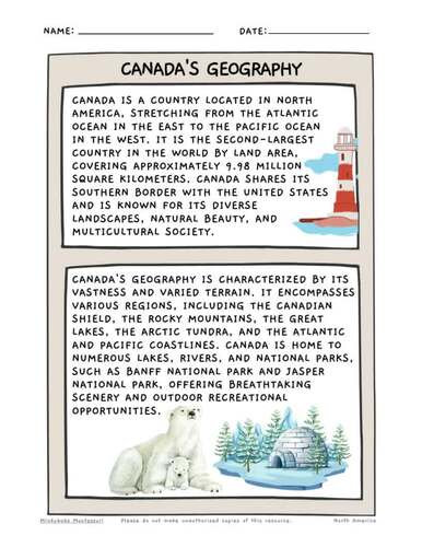 Canada Unit Fast Facts Reading Comprehension Geography Biomes Research ...