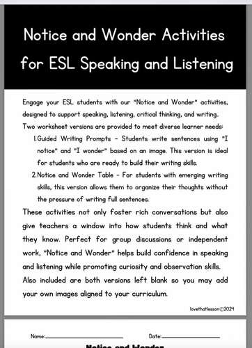 ELA Notice and Wonder Worksheets, K-3, ESL, MLL, Guided Writing, Printables