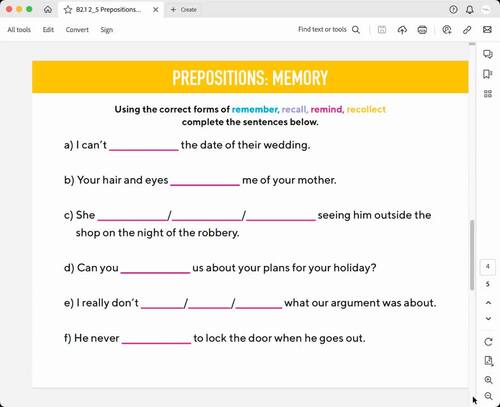 ESL Upper Intermediate Lesson: Speaking Exercise Prepositions of Memory