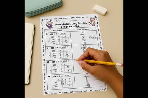 Area Model & Long Division Worksheets – 3-Digit by 1-Digit Division ...