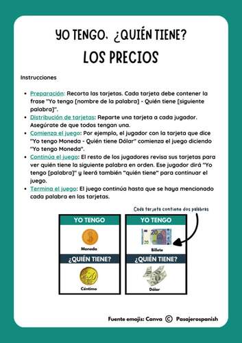 Spanish Vocab Game | Los Precios | Yo tengo, ¿Quién tiene? by Pasajero Spanish