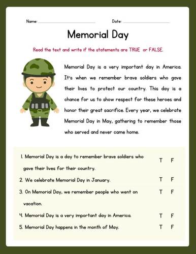 Memorial Day Reading Comprehension & Activities | Grades 2–3 Printable ...