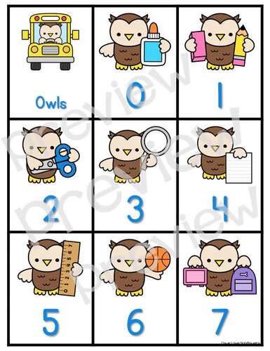 School Owls - Numbers 0-25 Matching - Flash Cards With Writing Practice