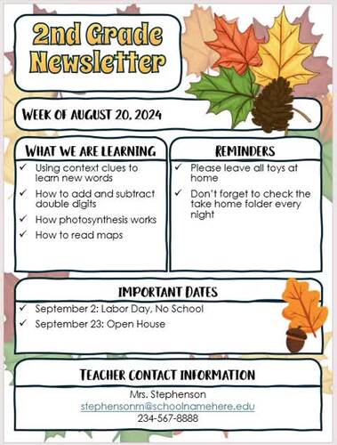 Fall Autumn Classroom Newsletters 4 Designs Thanksgiving Halloween Seasonal