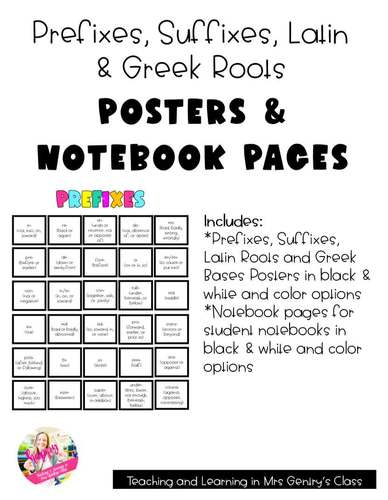 Prefixes, Suffixes, Latin and Greek Roots Posters and Notebook Charts