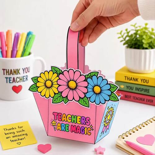Teacher Appreciation Flower Basket Crafts, DIY Coloring Thank You Gift ...