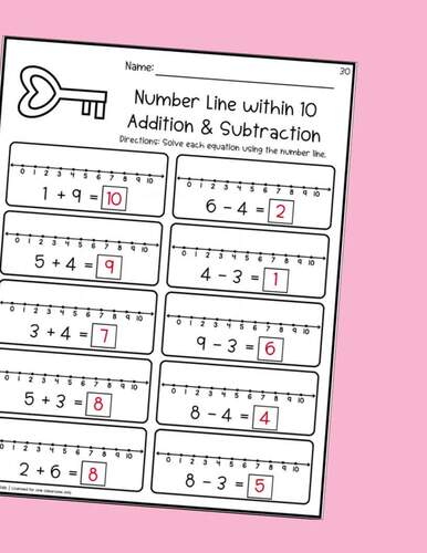 Valentine’s Day Number Line Mixed Add & Subtract Within 10 Worksheets ...