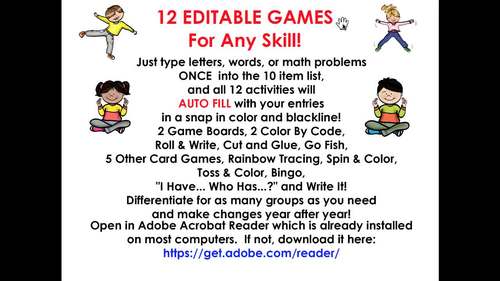 EDITABLE School Themed Sight Word Assorted Games cvc Words Phonemes Math