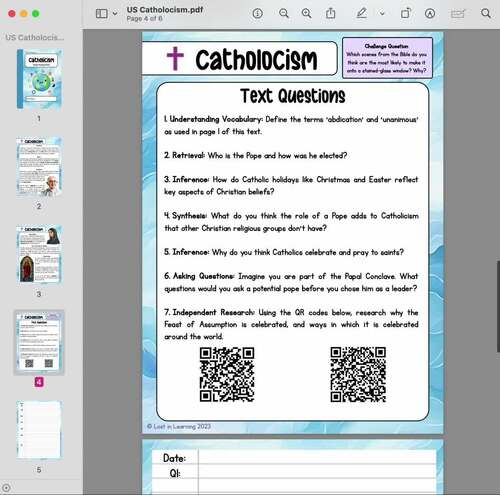 Catholicism || World Religions || Guided Reading Comprehension || Text & Qs