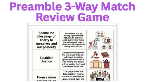 3-Way Match Review Game: Preamble Goals & Vocabulary Study Cards