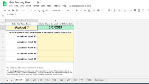 Goal Tracking / Habit Building Sheet with Auto-Calculated Progress ...