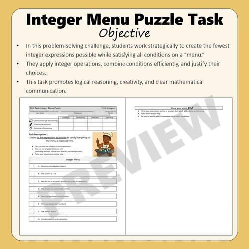 Integer Menu Puzzle Project | Order of Operations with Integers Math 7 ...