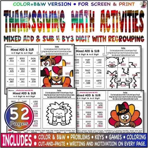 Mixed Add Subtract 4and 3 digit with regrouping | Thanksgiving Math ...