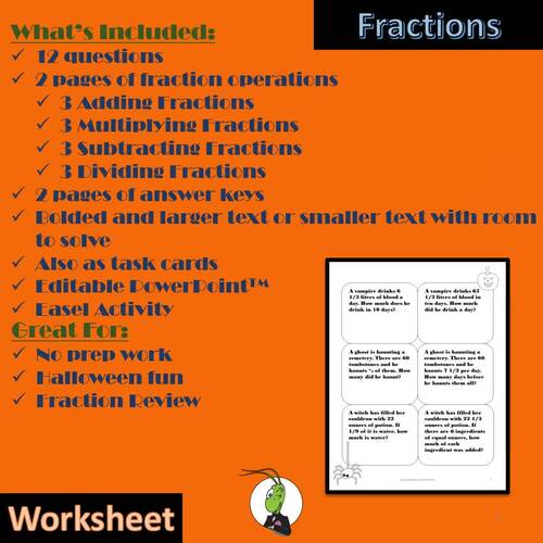 Halloween Operations of Fractions Word Problems Worksheet | Printable