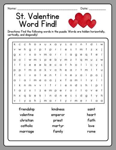 Saint Valentine Reading & Writing | St. Valentine Word Search ...