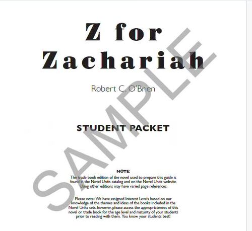 Z For Zachariah Novel Units® Student Packet Novel Study | TPT