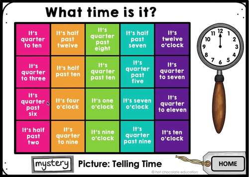 Telling Time Mystery Picture Boom Cards™ - Hour - Half hour - Quarter hour