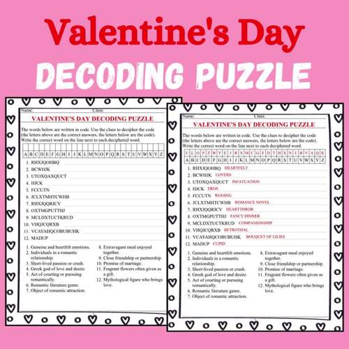 Valentine’s Day Decoding Puzzles | Valentine Vocabulary Worksheets with ...