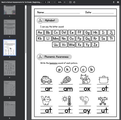 Assessments for 1st Grade | Beginning and End of the Year Review & Skills