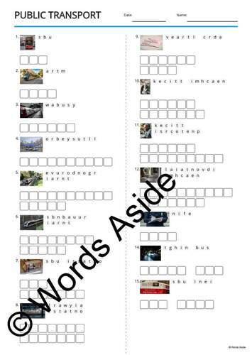 Vocabulary Worksheets Cards Crossword Word Search Anagram TRANSPORTATION