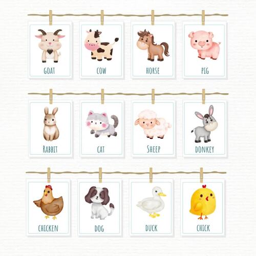 Farm Animal Flash Cards Printable for Kids - 12 Watercolor Farm Animals ...
