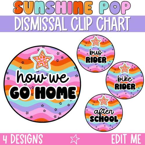 Retro Groovy Dismissal Clip Chart, Rainbow Smiley How We Go Home Clip Chart