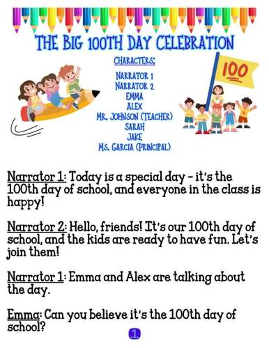 100th Day Reader's Theater Grade 1 Fluency February Fun Center ELA ...