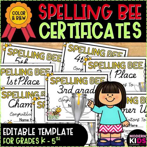 Spelling Bee Certificates Editable Teacher Signature Classroom Awards ...
