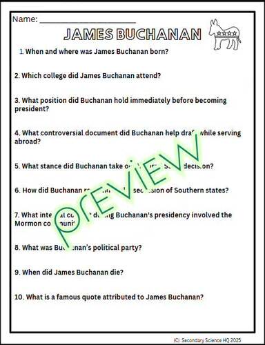 James Buchanan US President Study Guide & Worksheet PDF Coloring and ...