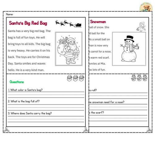 Christmas Reading Comprehension Worksheets for Kindergarten & First Grade