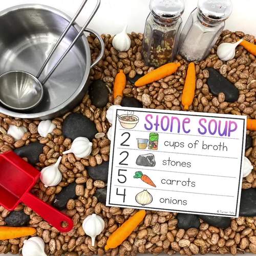 Stone Soup Recipe Cards Counting Sensory Bin - Fairy Tale Math Center
